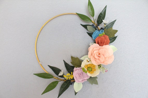 Enchanting Wool Felt Flowers Gold Ring Home Decor Door | Etsy
