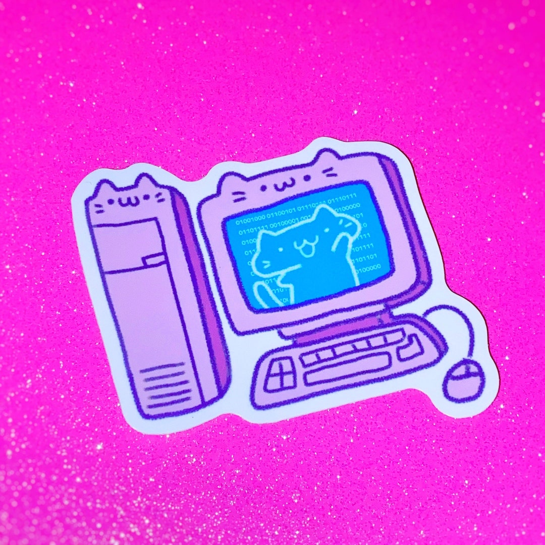 Pink Computer Kitty Vinyl Sticker - Etsy