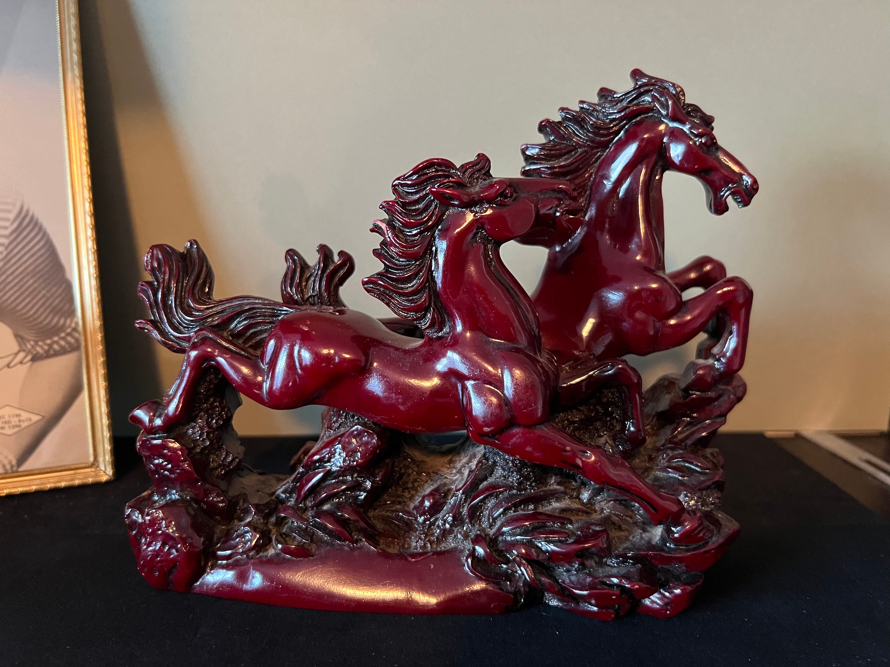 Vintage Wild Horses Red Resin Cinnabar Sculpture Mandarin Chinese Red ...