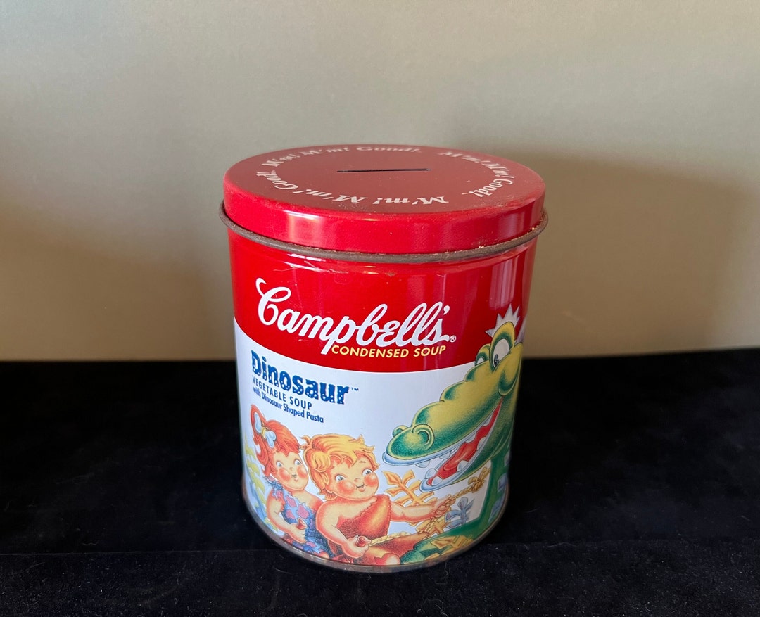 Vintage Campbell’s Soup Tin Bank - Dinosaur Vegetable Soup Coin Bank - Etsy