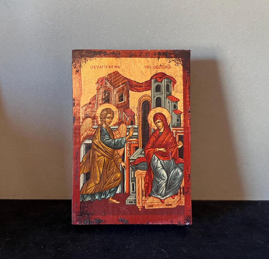Byzantine Annunciation Icon: Greek Orthodox Hand-painted Wooden Plaque ...