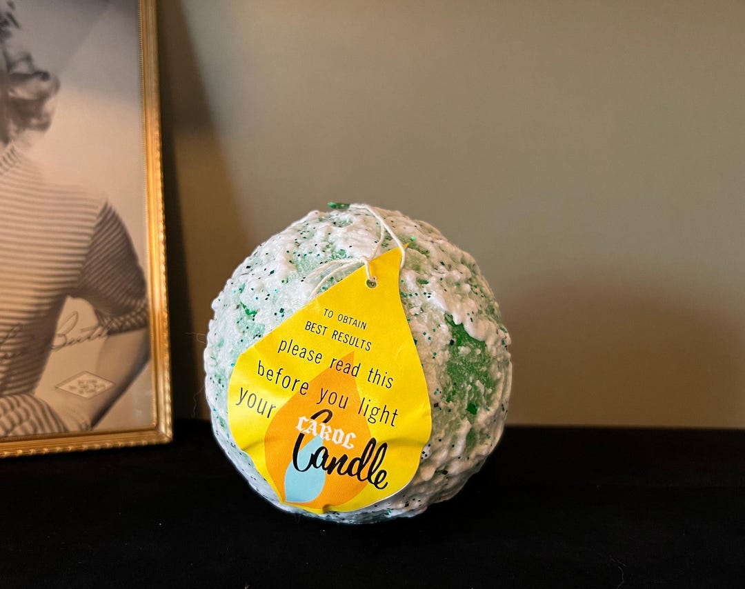 Vintage Christmas Carol Candle - Unfolding Frosted Glittery Ball Shaped ...