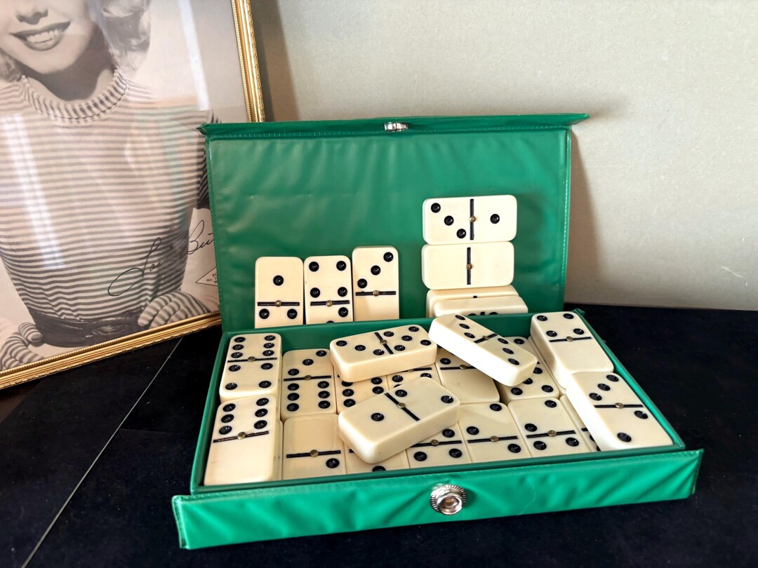 Vintage Dominoes Set Thick Domino Set With Brass Spinners, Marble Like ...