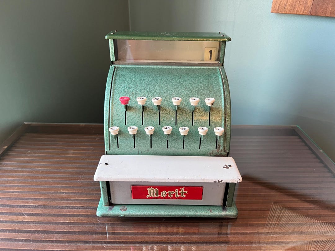 Vintage Tin Toy Cash Register Merit All Metal Toy Cash Register Green ...