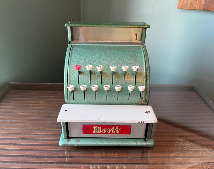 Vintage Tin Toy Cash Register - Merit All Metal Toy Cash Register Green ...