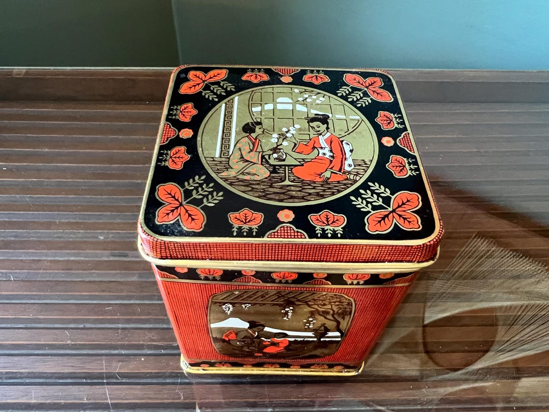 Vintage Chinese Tea Tin Red Black and Gold Hinged Lid - Etsy