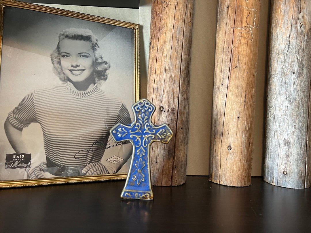 Small Blue Ornate Ceramic Cross - Vintage Religious Decor - Etsy