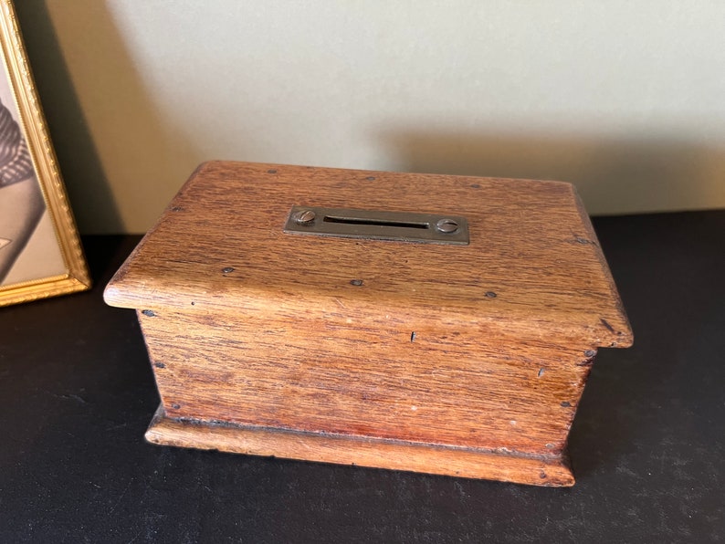 Antique Small Wooden Donation Box With Brass Slot Church Collection Box ...