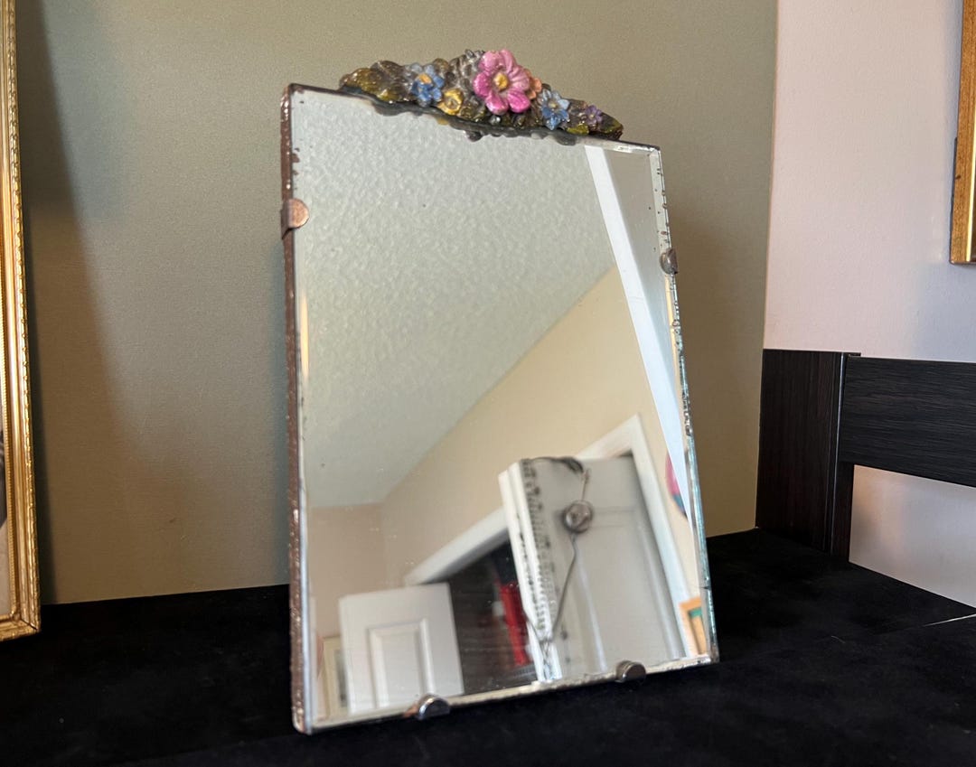 Antique Table Mirror With Plaster Flowers - Barbola Mirror - Vintage ...
