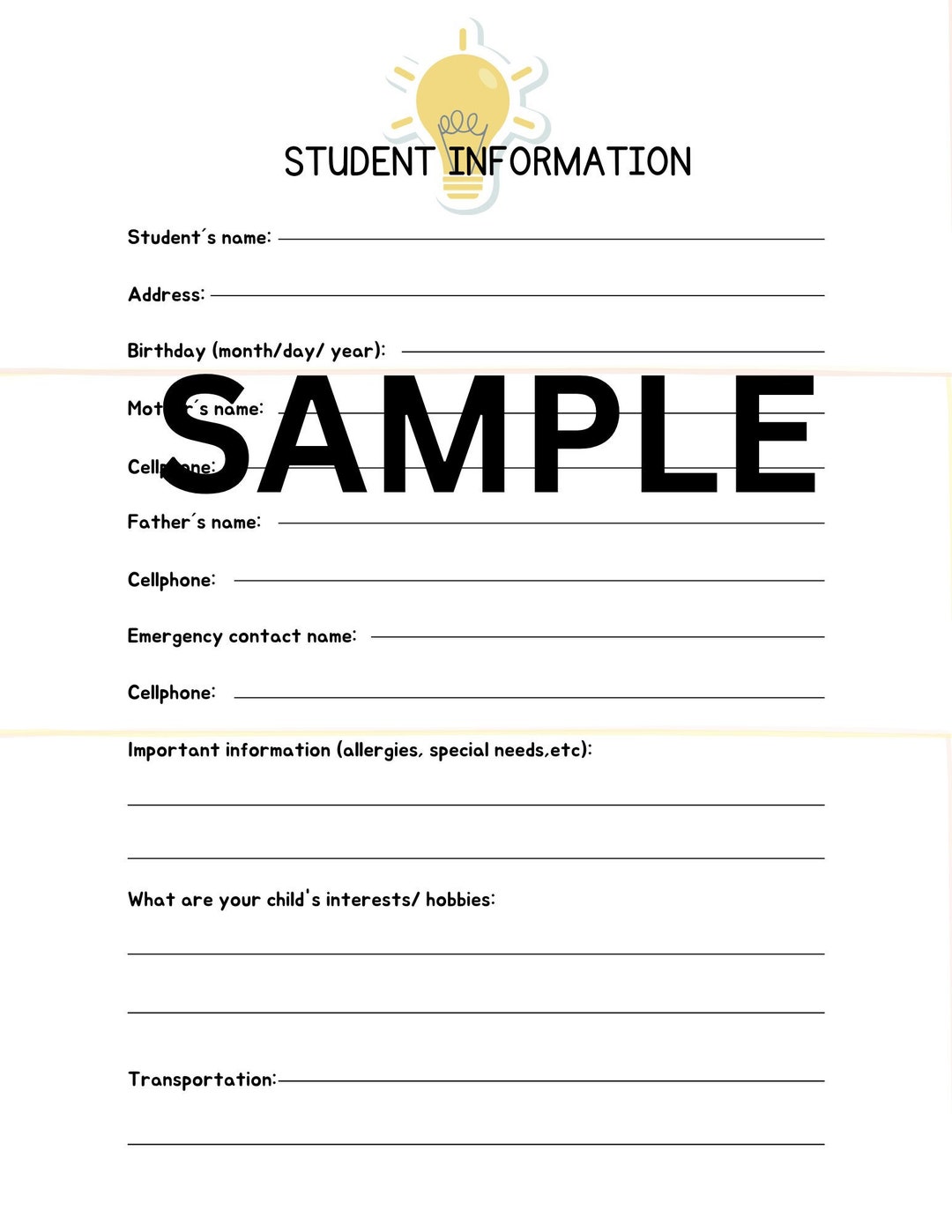 Student Information Form - Digital Download - Etsy