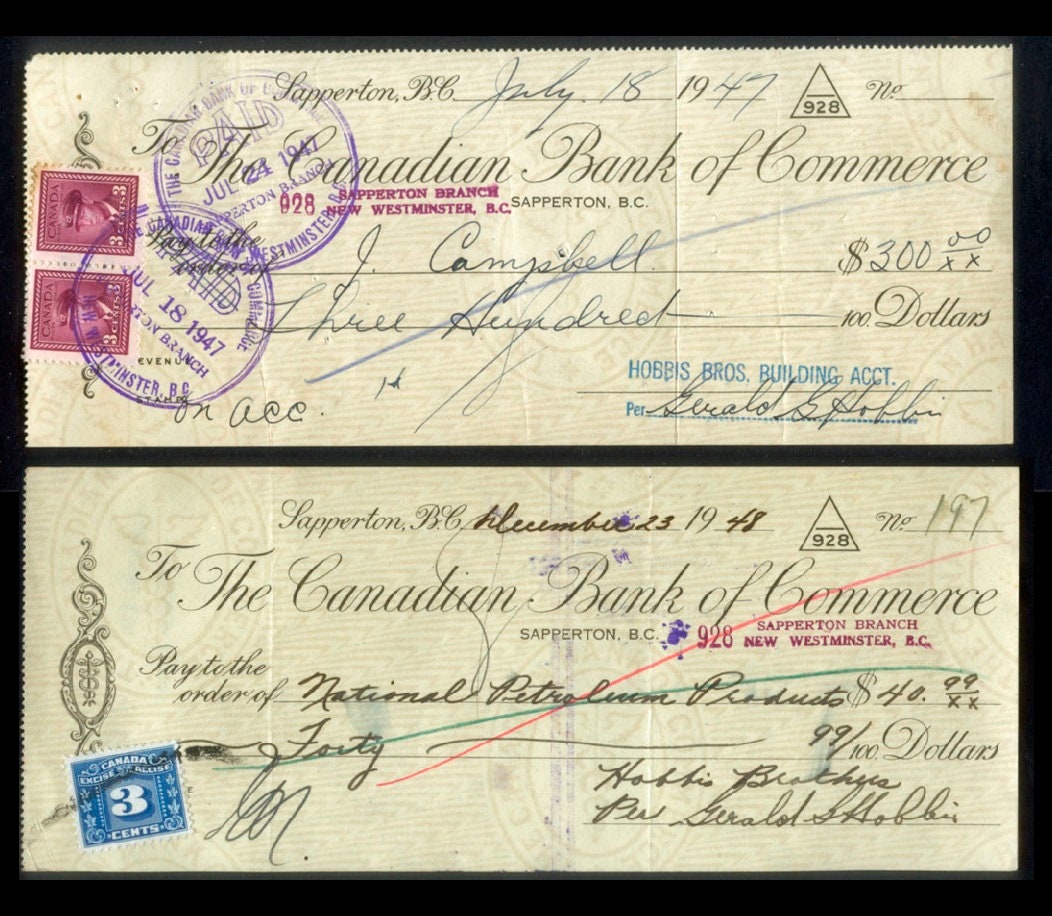 Two Vintage Cheques Checks / 1940's Paper Ephemera / | Etsy