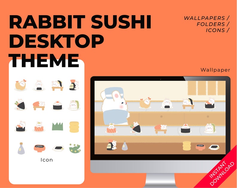 DESKTOP WALLPAPER BACKGROUND – Digital Download – Rabbit Sushi Desktop ...