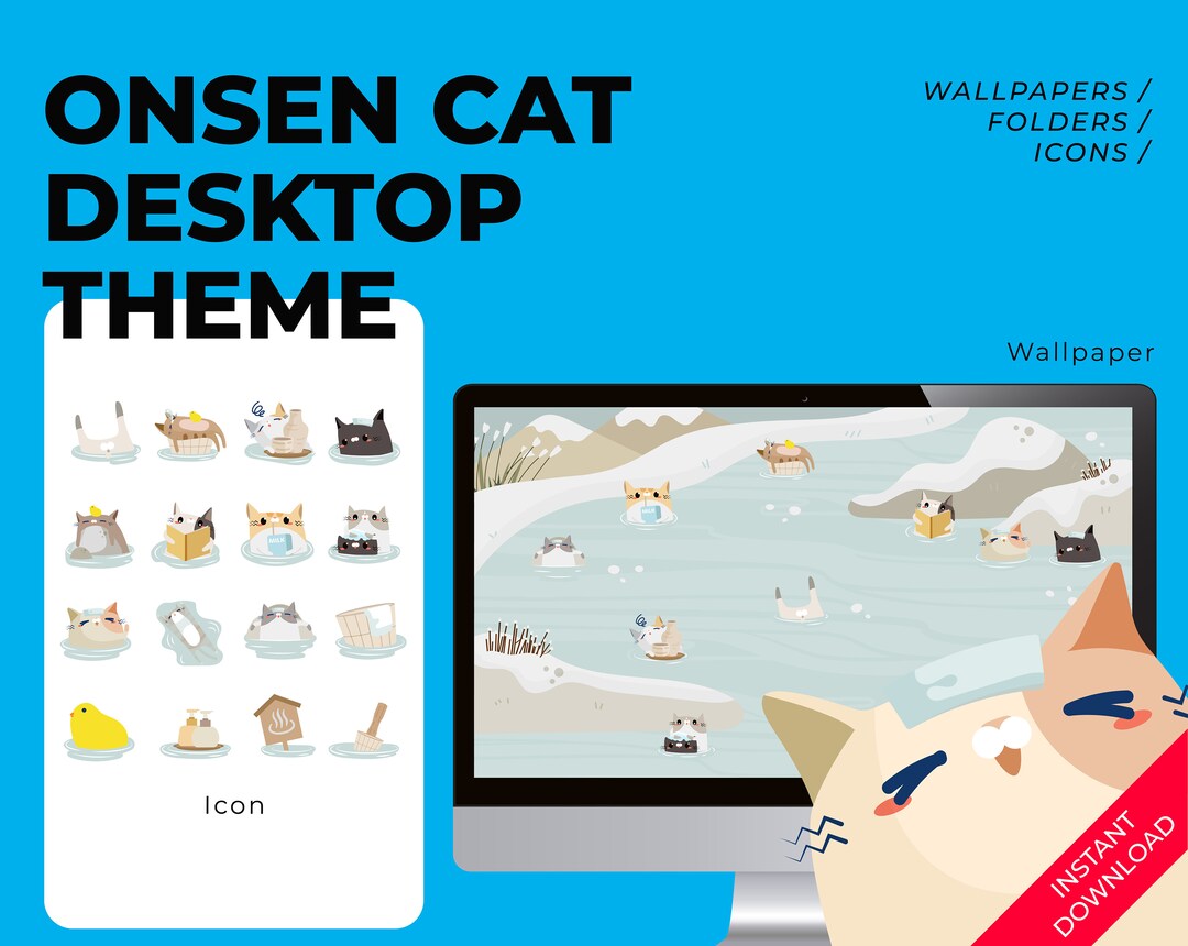 DESKTOP WALLPAPER BACKGROUND – Digital Download – Onsen Cat Desktop ...