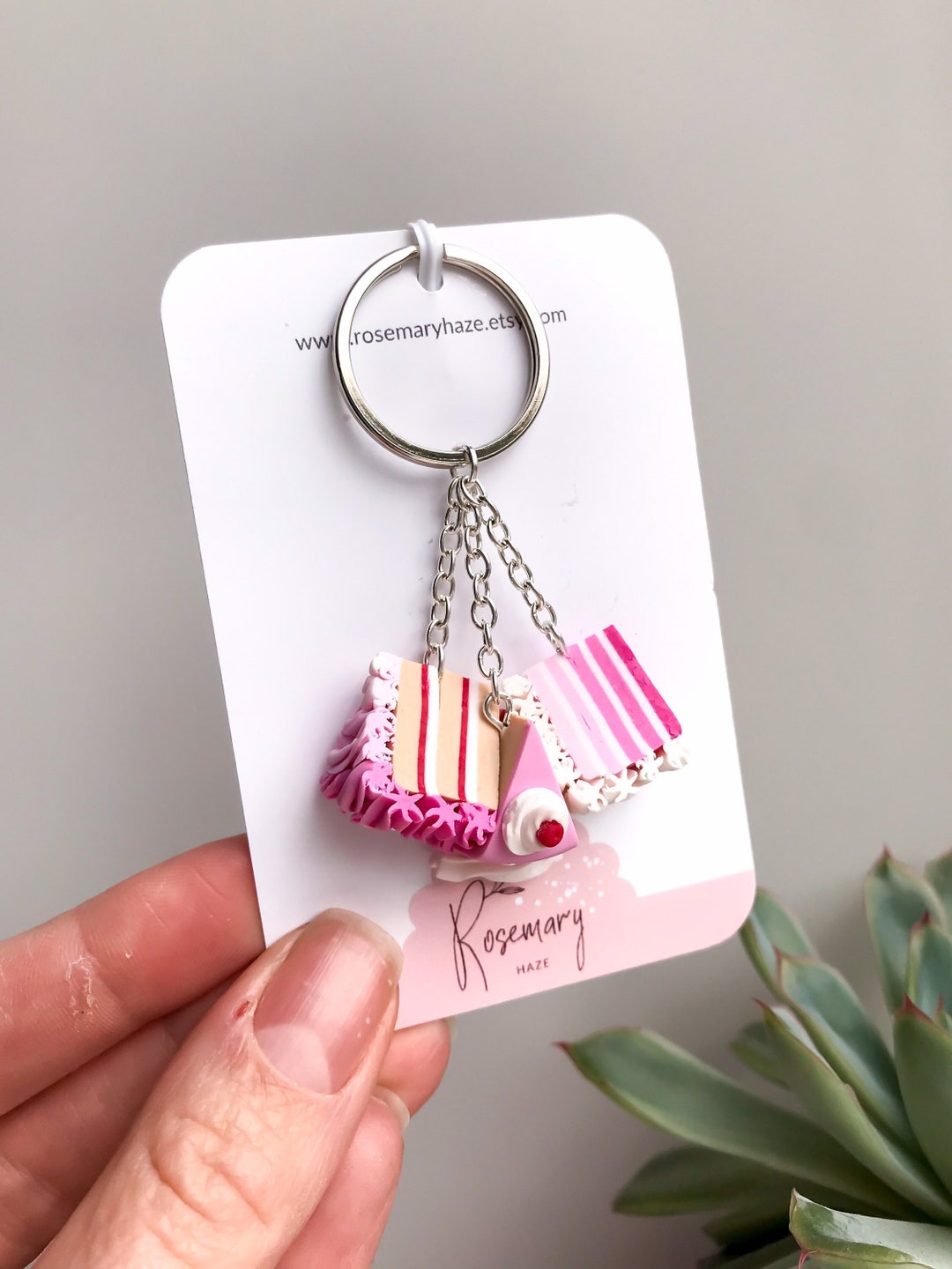 Pink Cake Keychain Polymer Clay Miniature Food Keychain, Whimsical Clay ...