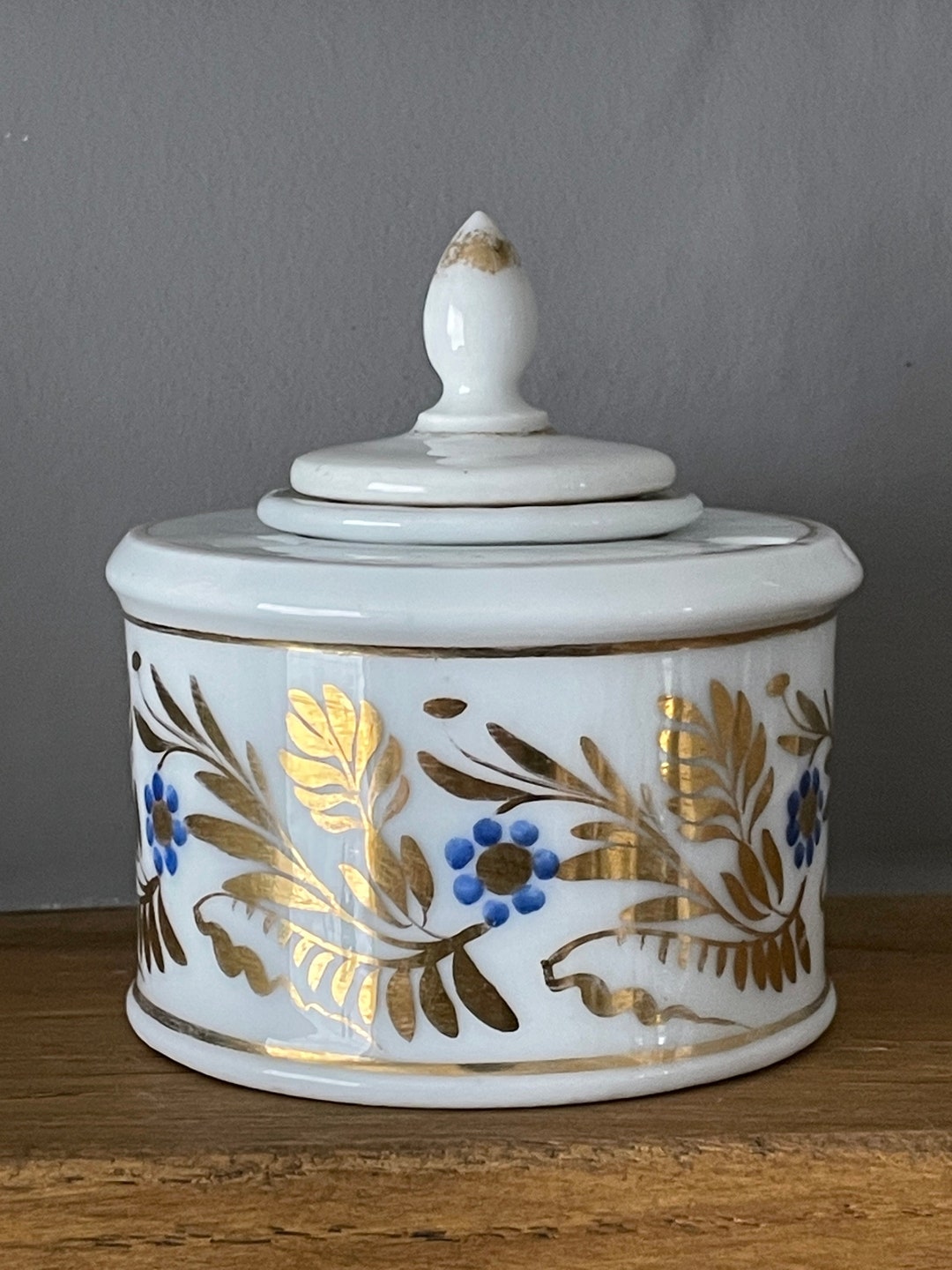 Antique Glazed Stoneware or Ceramic Lidded Ink Well for Quills - Gilded ...