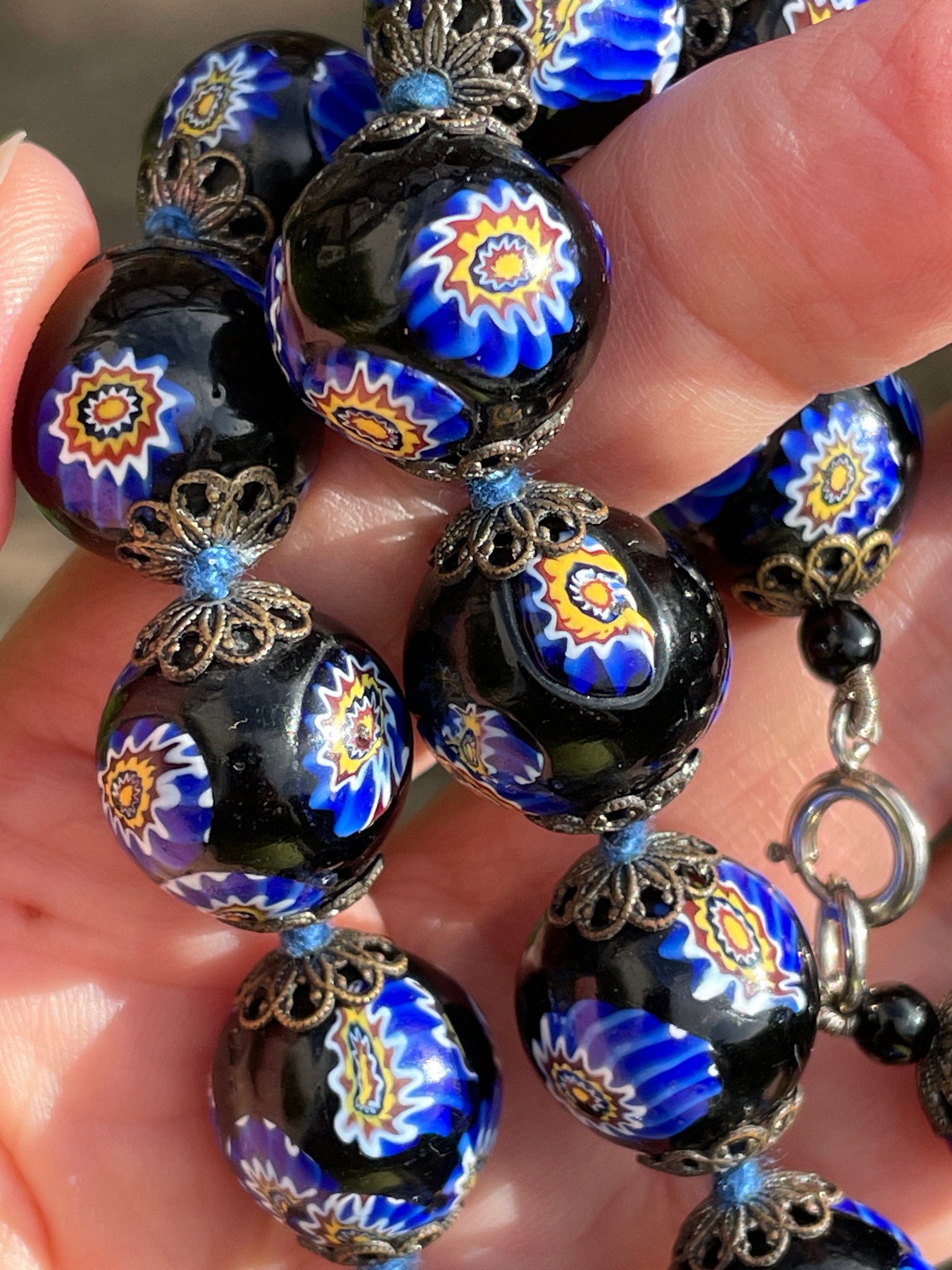 Very Unusual Vintage Murano Glass Beads Heavy Black Base With Cobalt Millefiori Venetian Knotted With Filigree Brass Bead Caps Etsy New Zealand