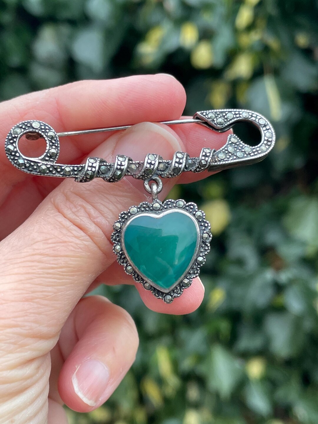 Vintage Silver Marcasite Safety Pin Brooch - Heart Dropper - Green ...
