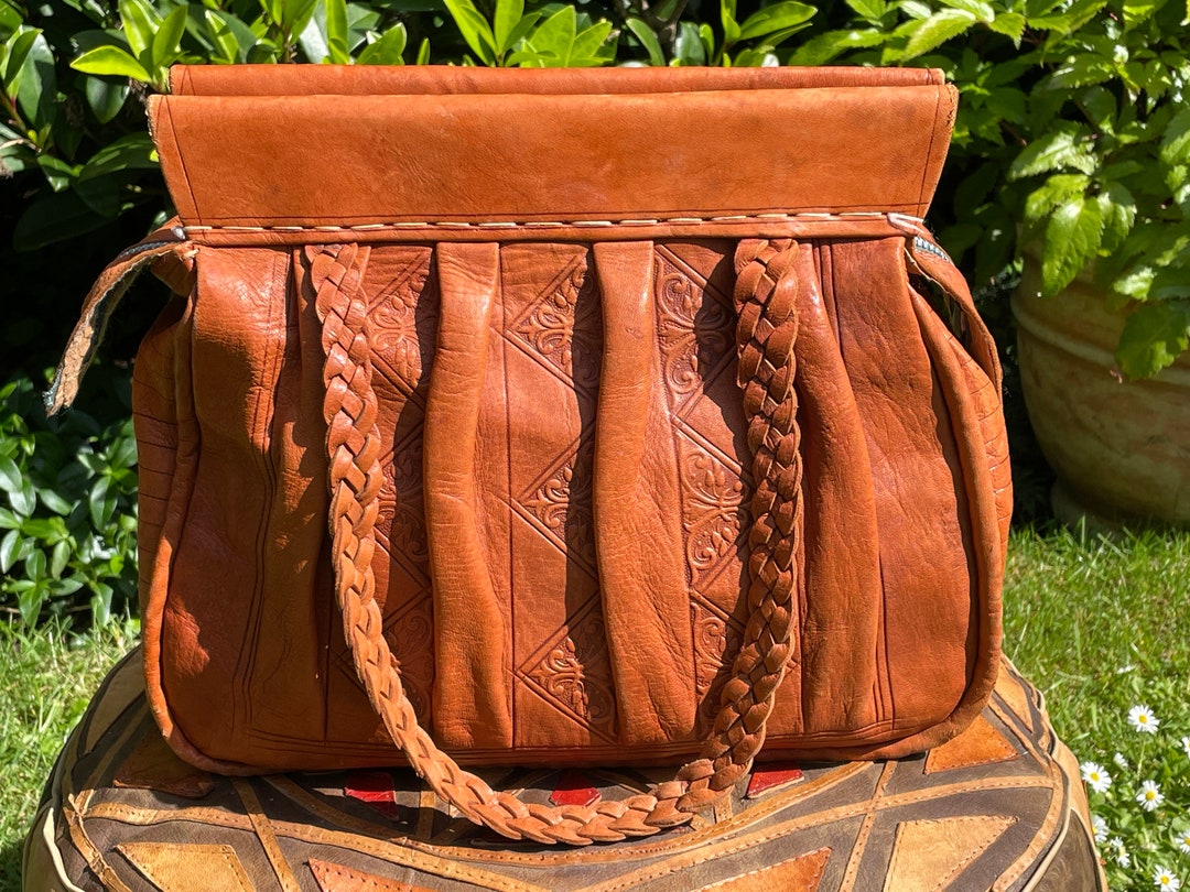 Vintage BOHO Soft, Tooled, Leather Moroccan Bag - Plaited Straps - Etsy