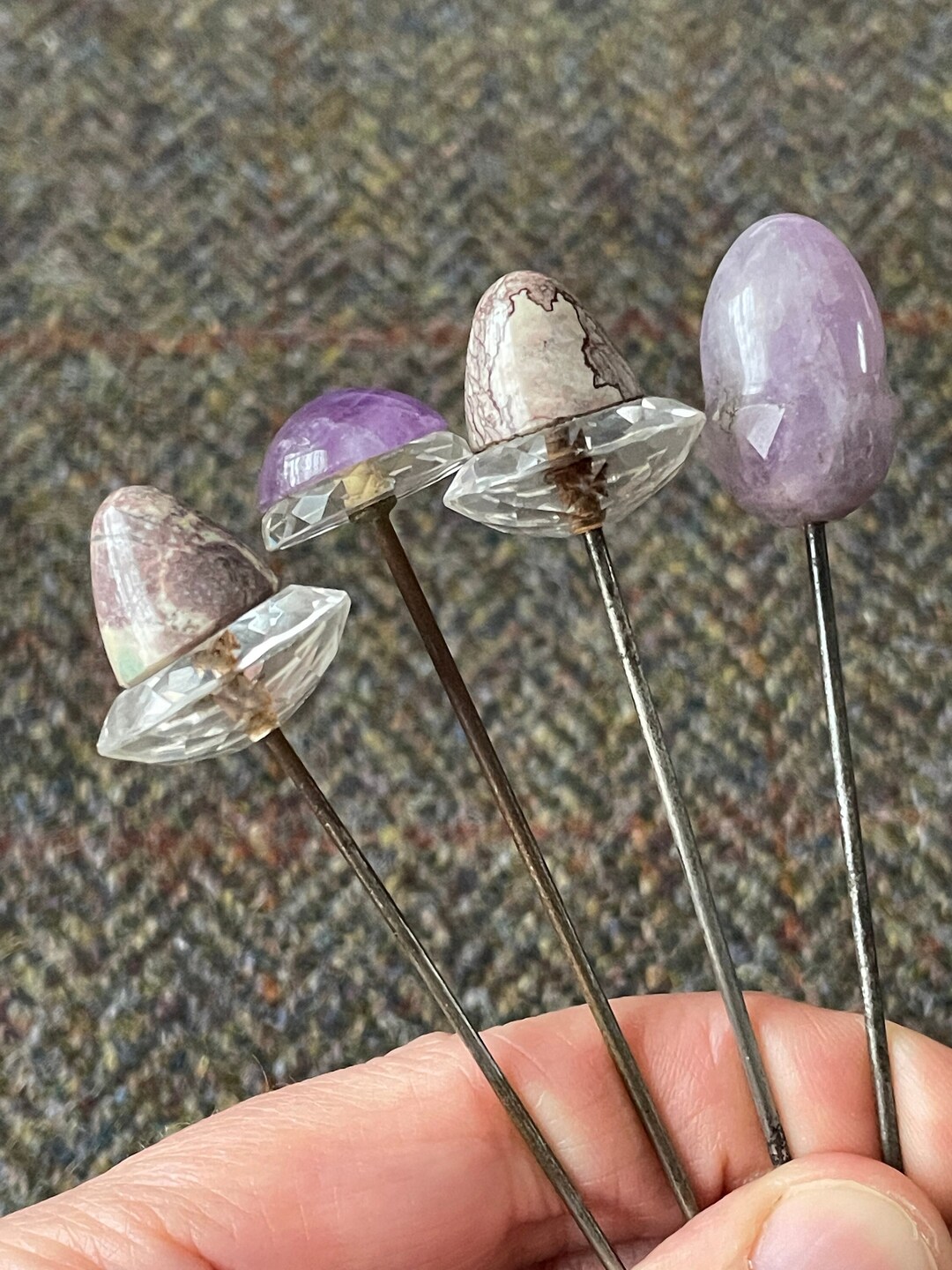 A Selection of Antique Hat Pins Acorn Theme - Amethyst Glass, Crystal ...