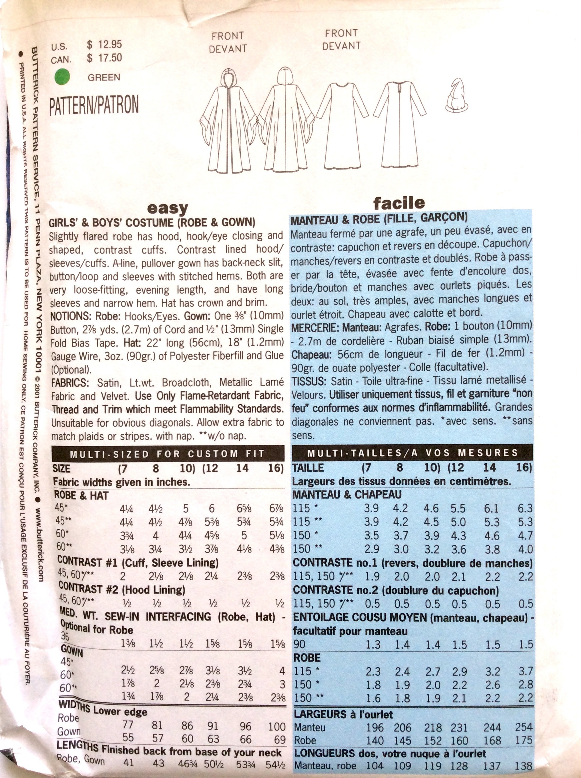 Butterick 3184 Wizard and Witch Costume Pattern, Robe, Gown, Hat ...