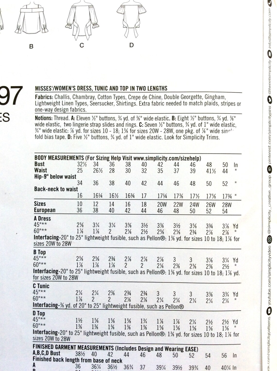 Simplicity D0897 / 8550 Women's Dress, Tunic and Top Pattern, Size 20W ...