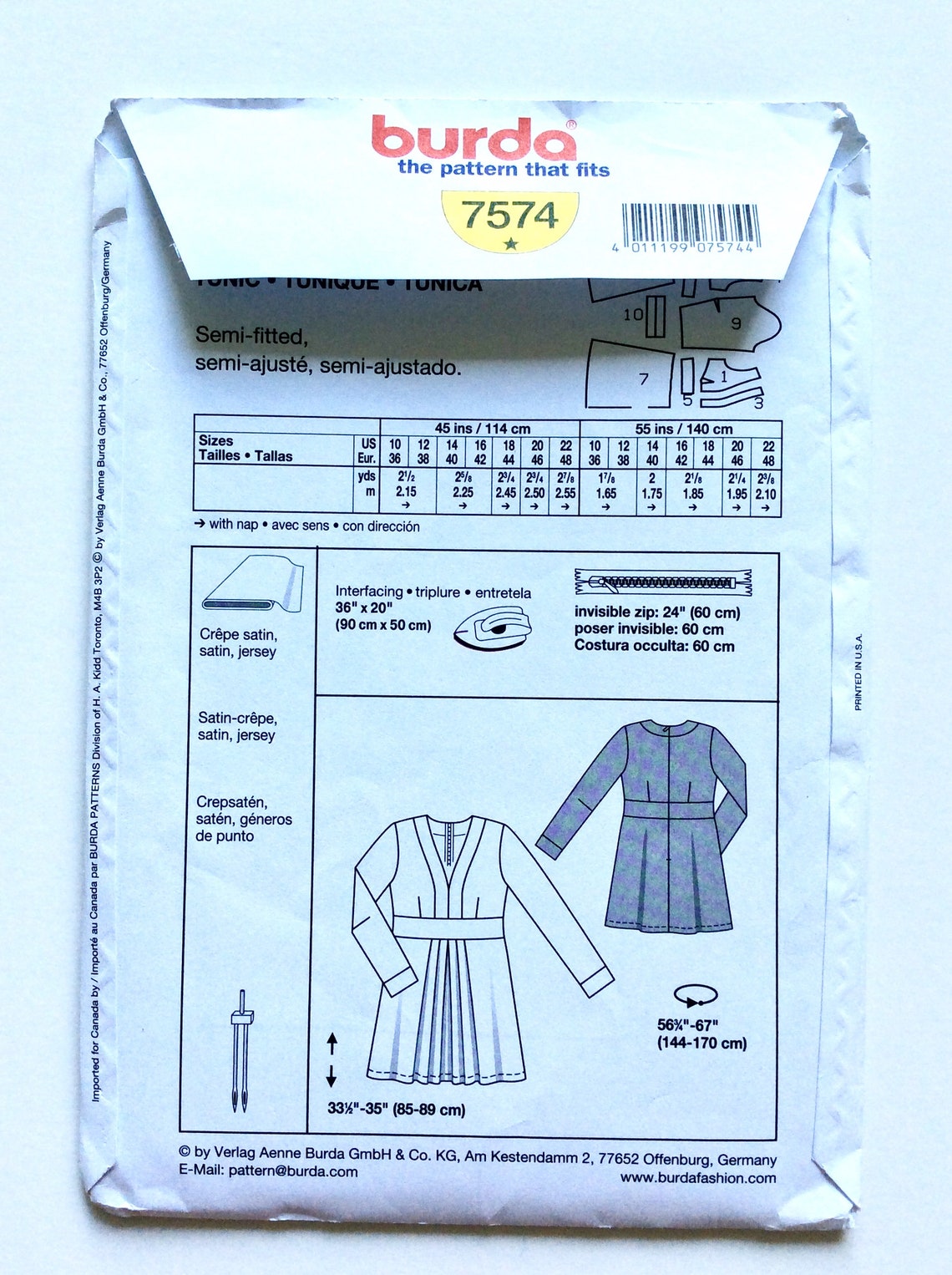 Burda 7574 Womens Tunic Pattern, Womens Top, Size 10-22, Uncut Pattern ...