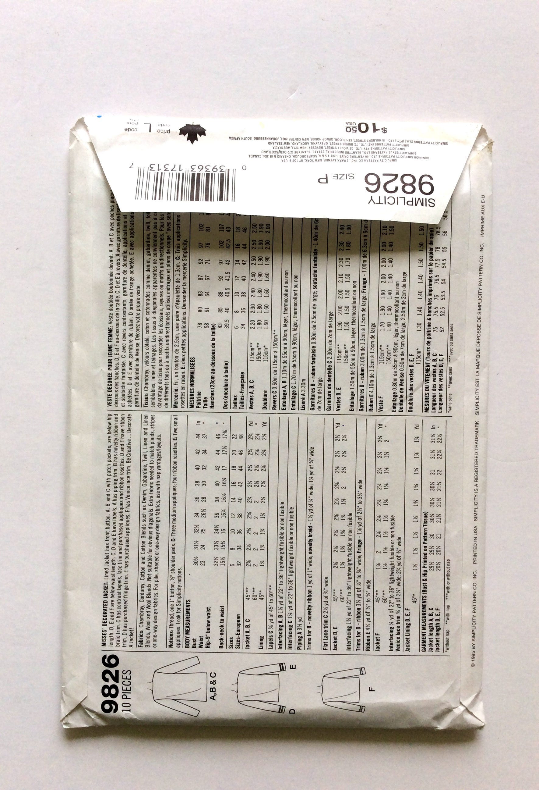 Simplicity 9826 Women's Jacket Pattern, Decorate a Jacket, Size 12, 14 ...