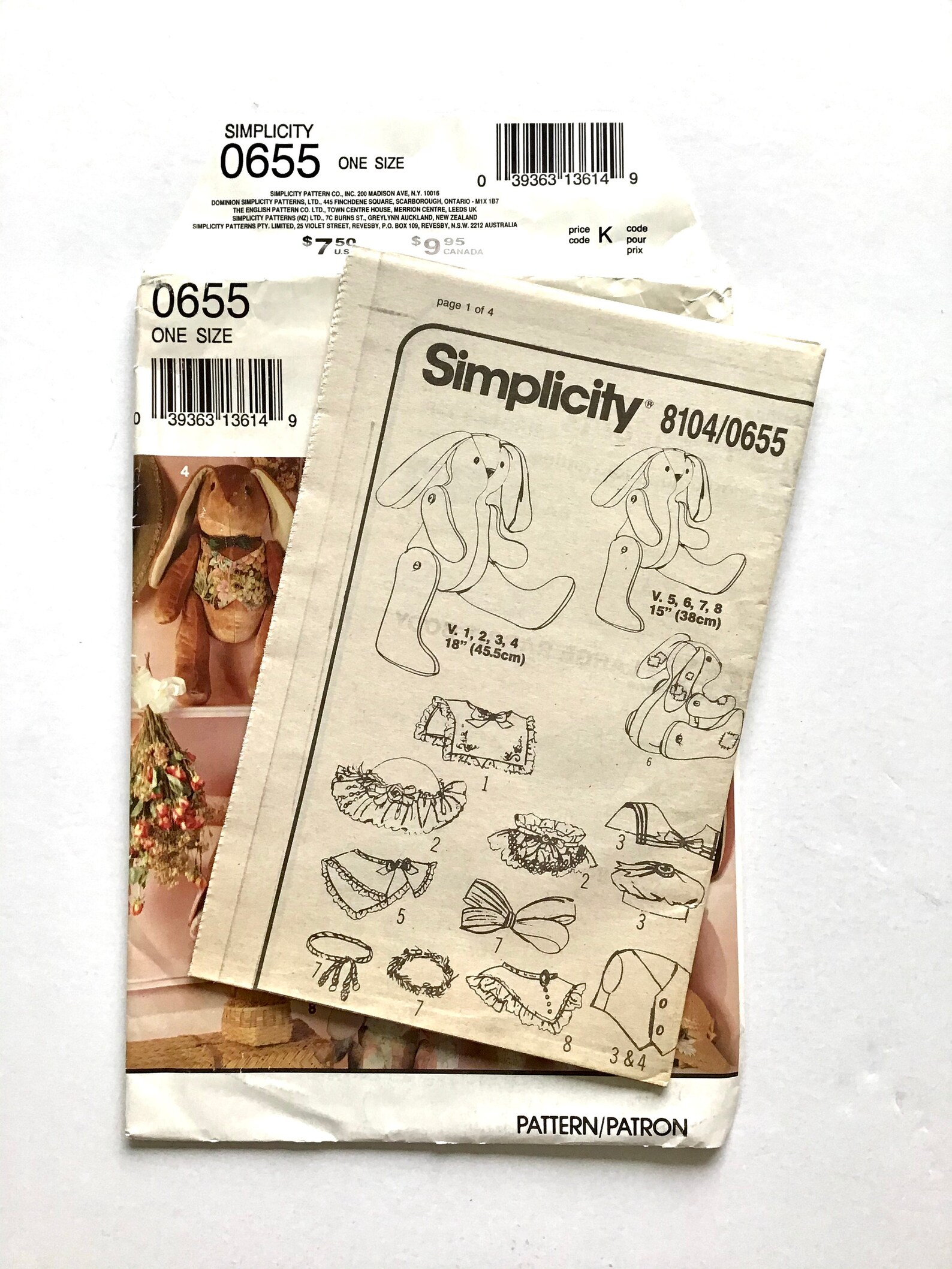 Simplicity 0655 / 8104 Bunny Pattern in 2 Sizes With Clothes, 18” and ...