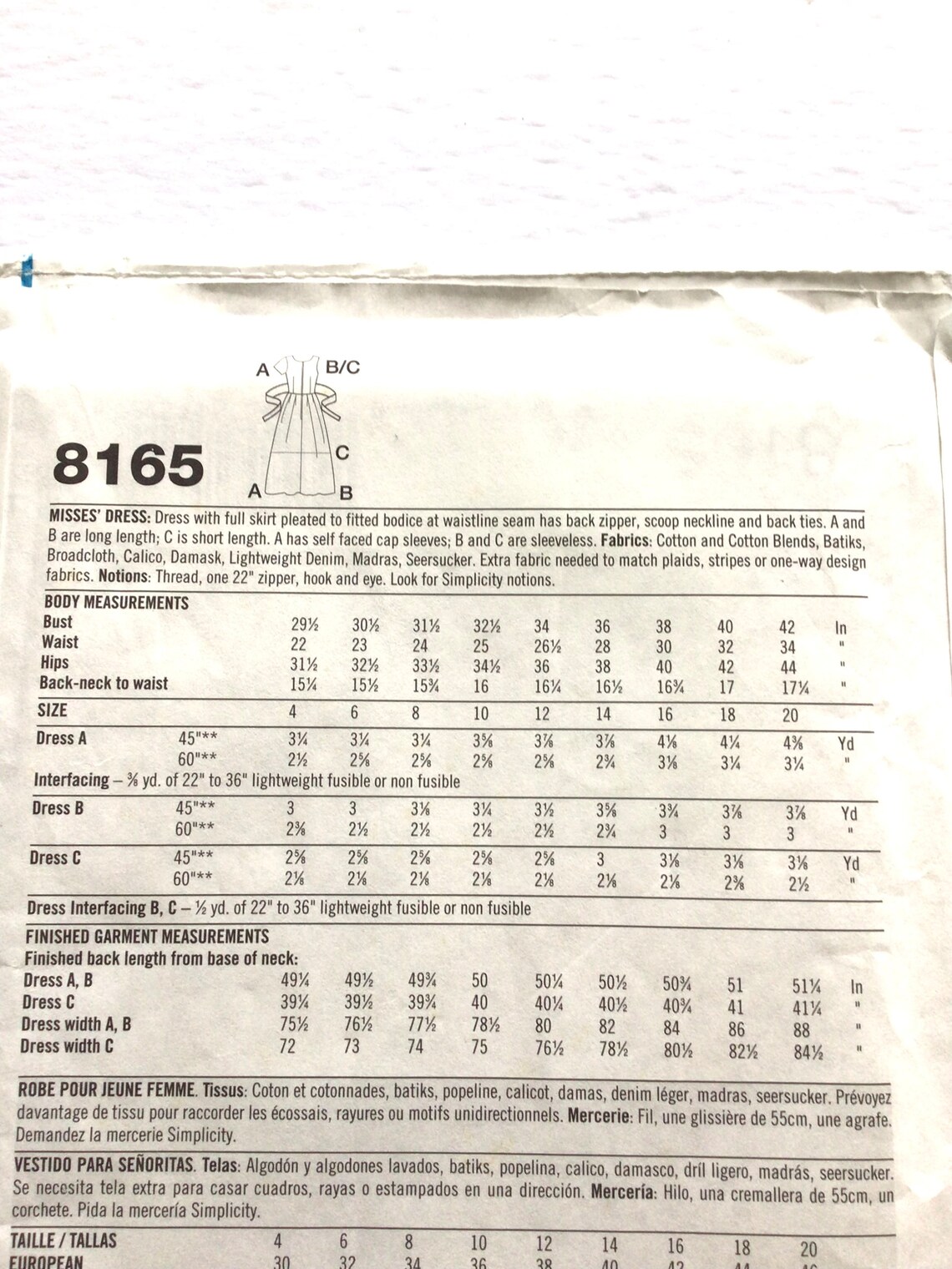 Simplicity 8165 Womens Dress Pattern, Sundress, Summer Dress, Size 10 ...