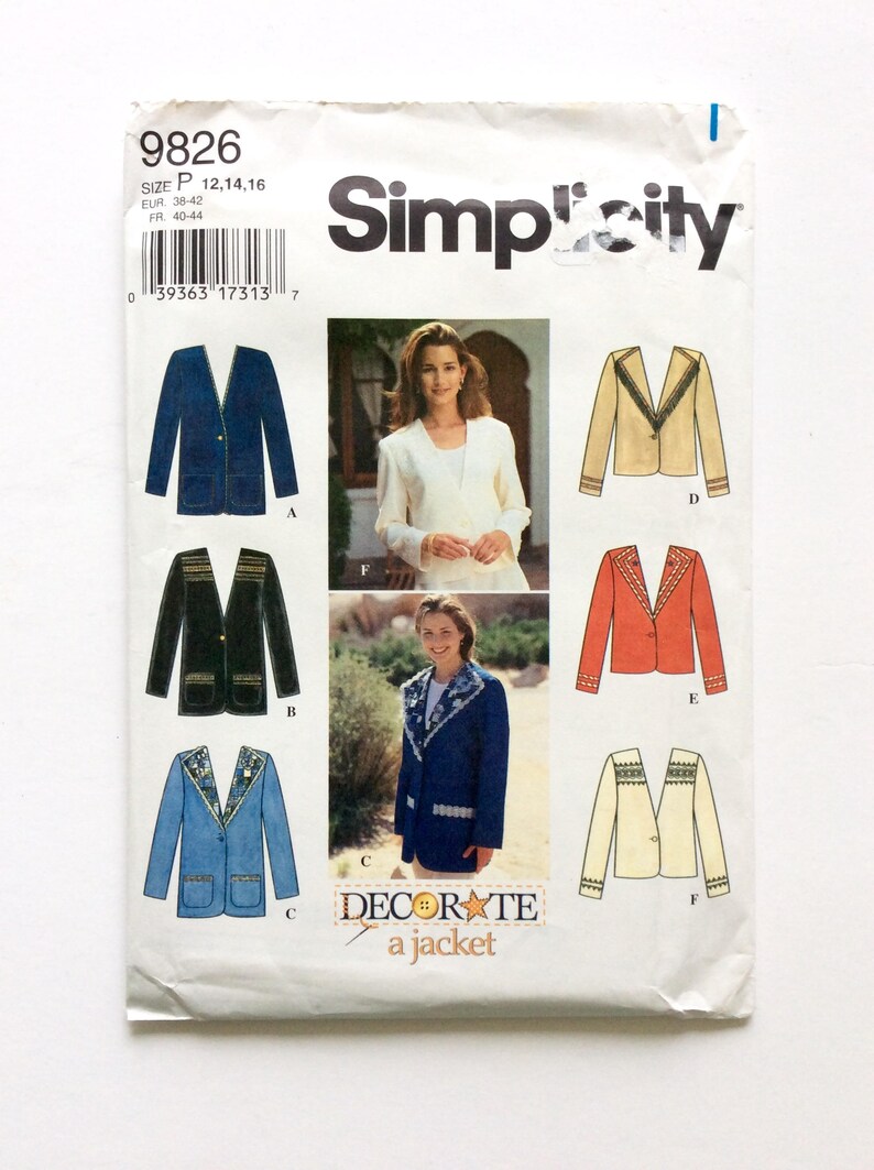 Simplicity 9826 Women's Jacket Pattern, Decorate a Jacket, Size 12, 14 ...