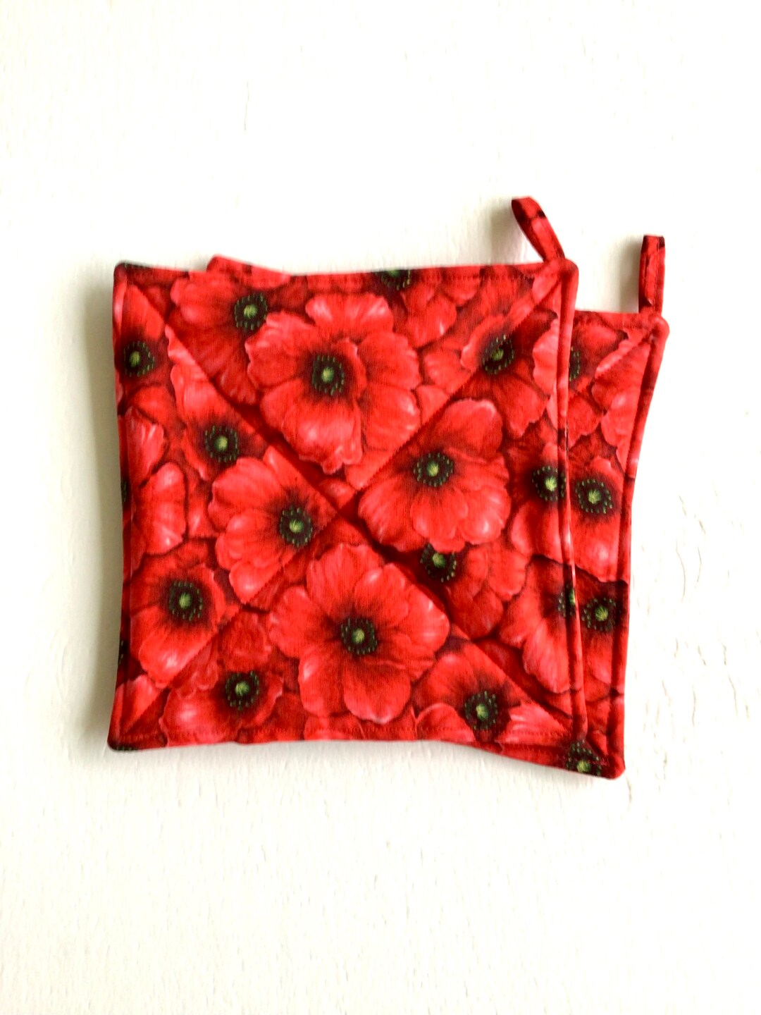 Red Poppy Potholders, Quilted Hot Pads, Set of Two, Red Poppies With ...