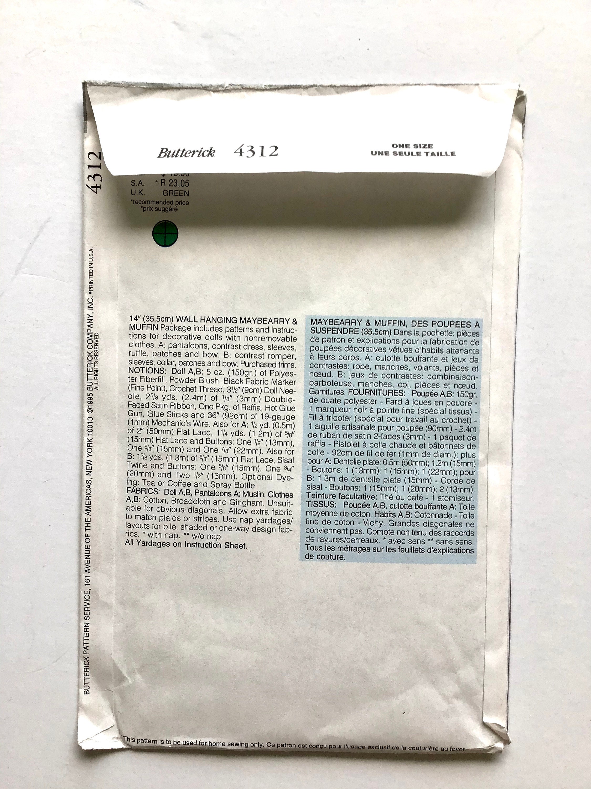 Butterick 4312 / 385 Wall Hanging Dolls Pattern, Mayberry and Muffin ...