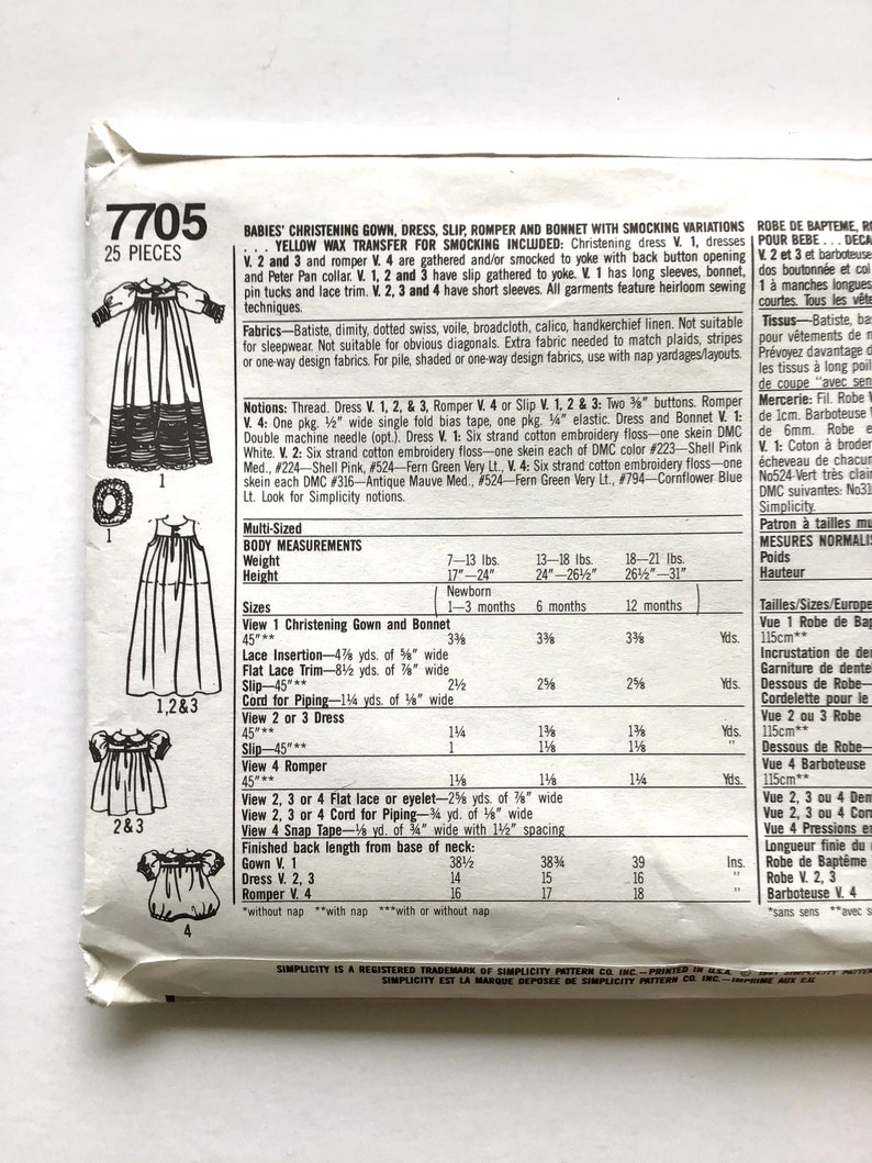 Simplicity 7705 Christening Gown and Bonnet, Dress, Slip Romper Pattern ...