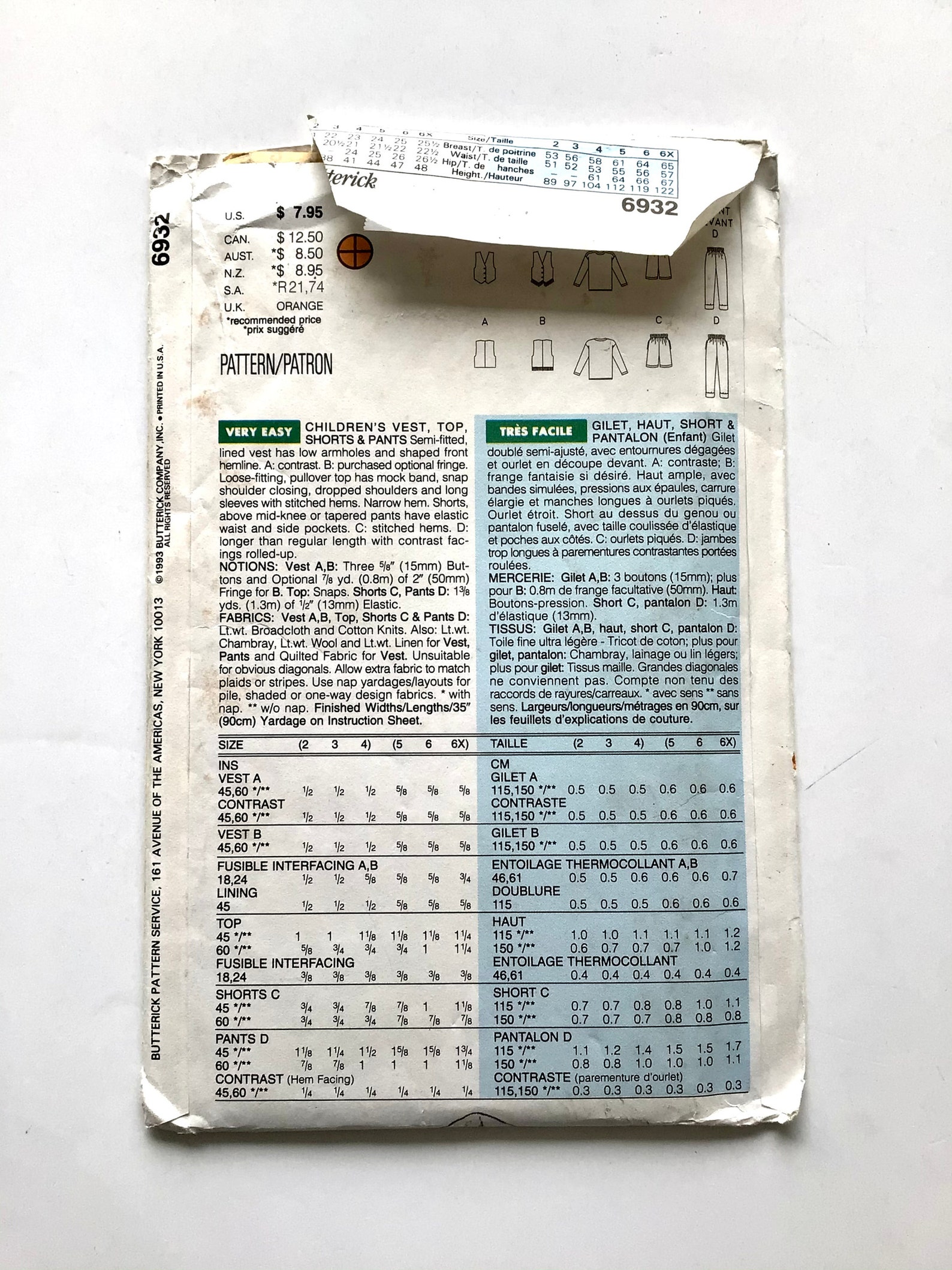 Butterick 6932 Boys and Girls' Vest, Top, Shorts, Pants Pattern, Fast ...