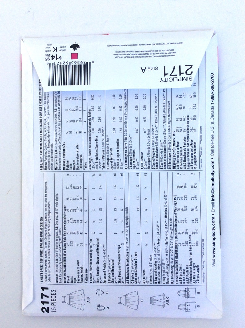 Simplicity 2171 Girls' Dress Top Pants Bag Hairband - Etsy