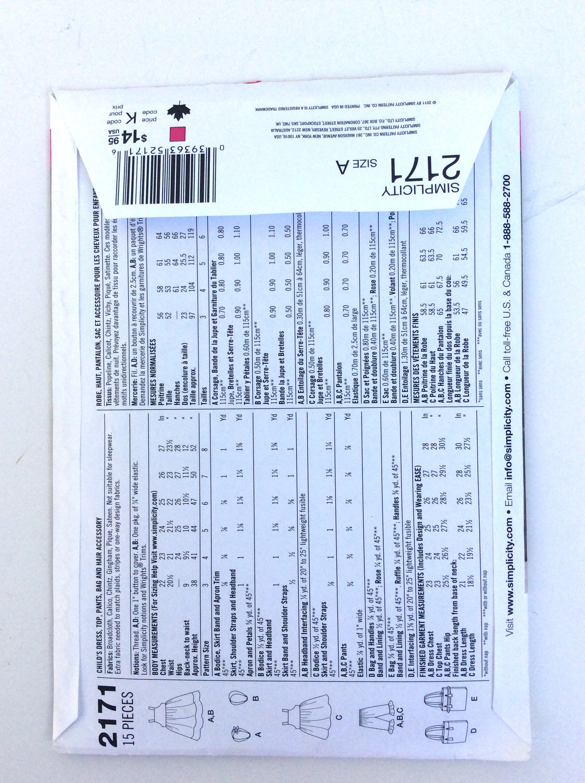 Simplicity 2171 Girls' Dress Top Pants Bag Hairband - Etsy