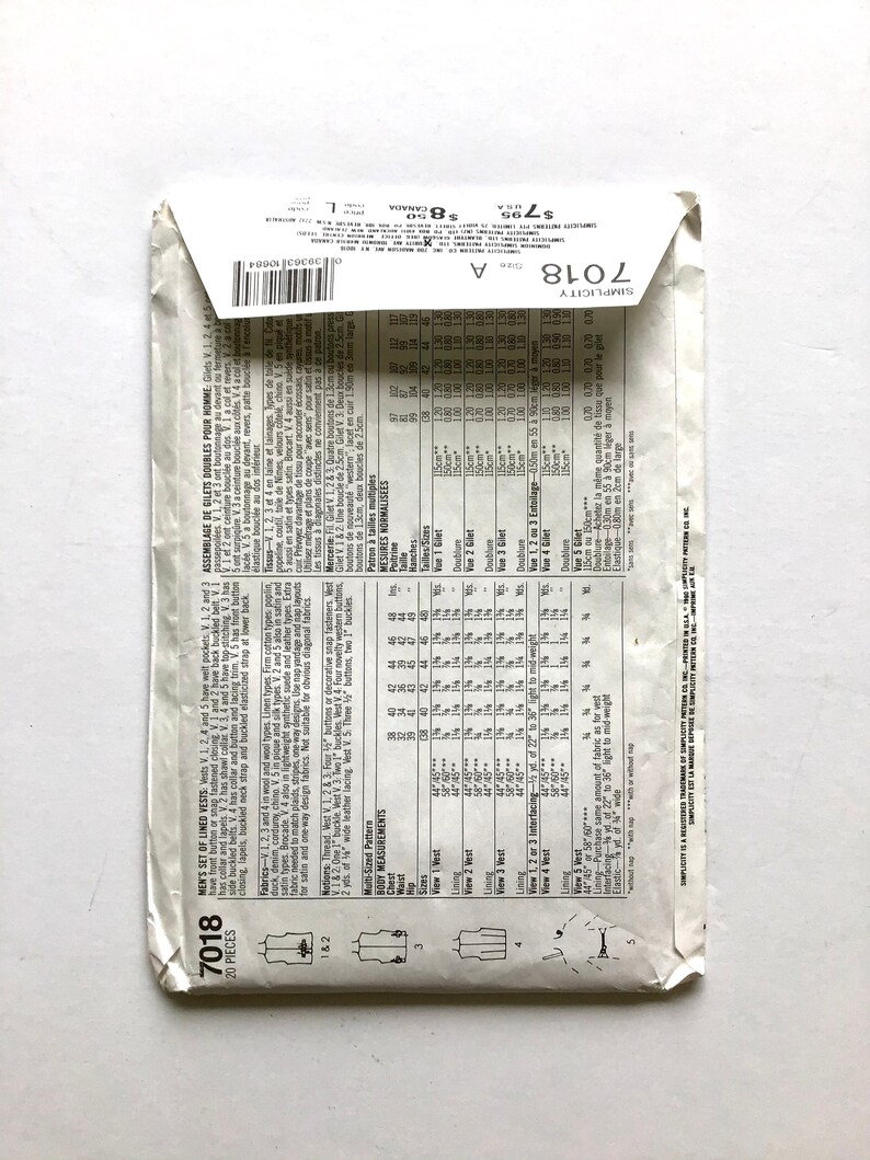 Simplicity 7018 Men's Vest Pattern Size 38-48 Vintage - Etsy