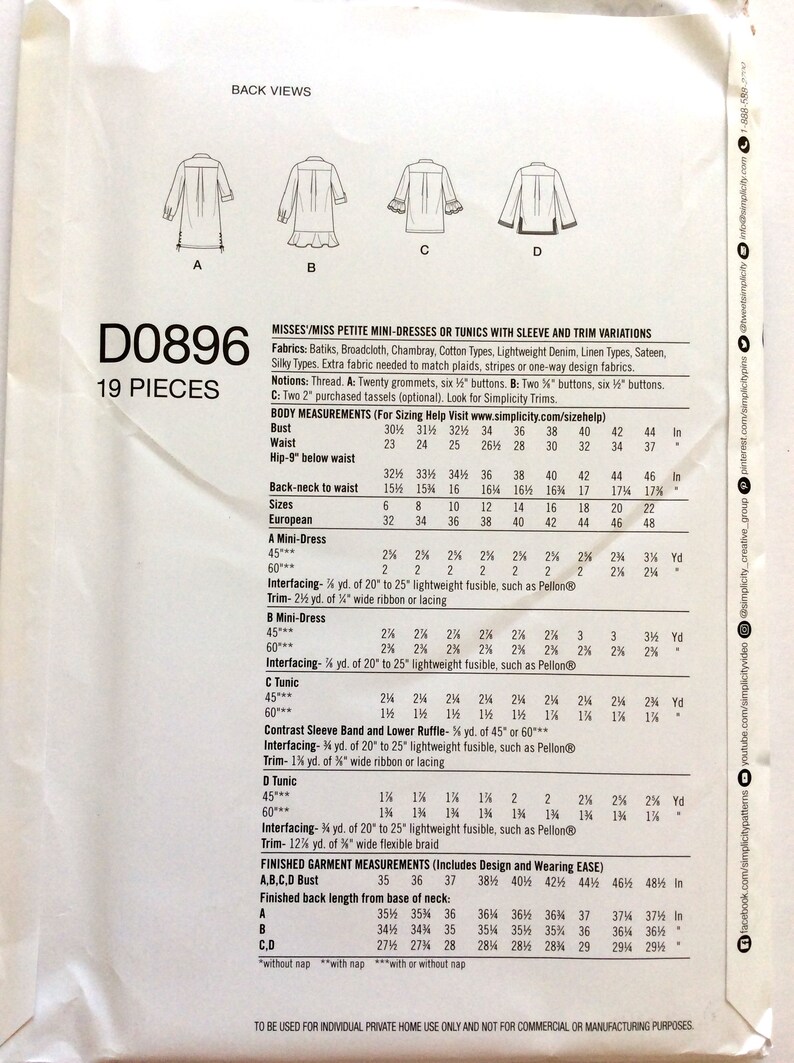 Simplicity D0896 / 8552 Women's Mini-dress or Tunic Pattern, Size 6-14 ...