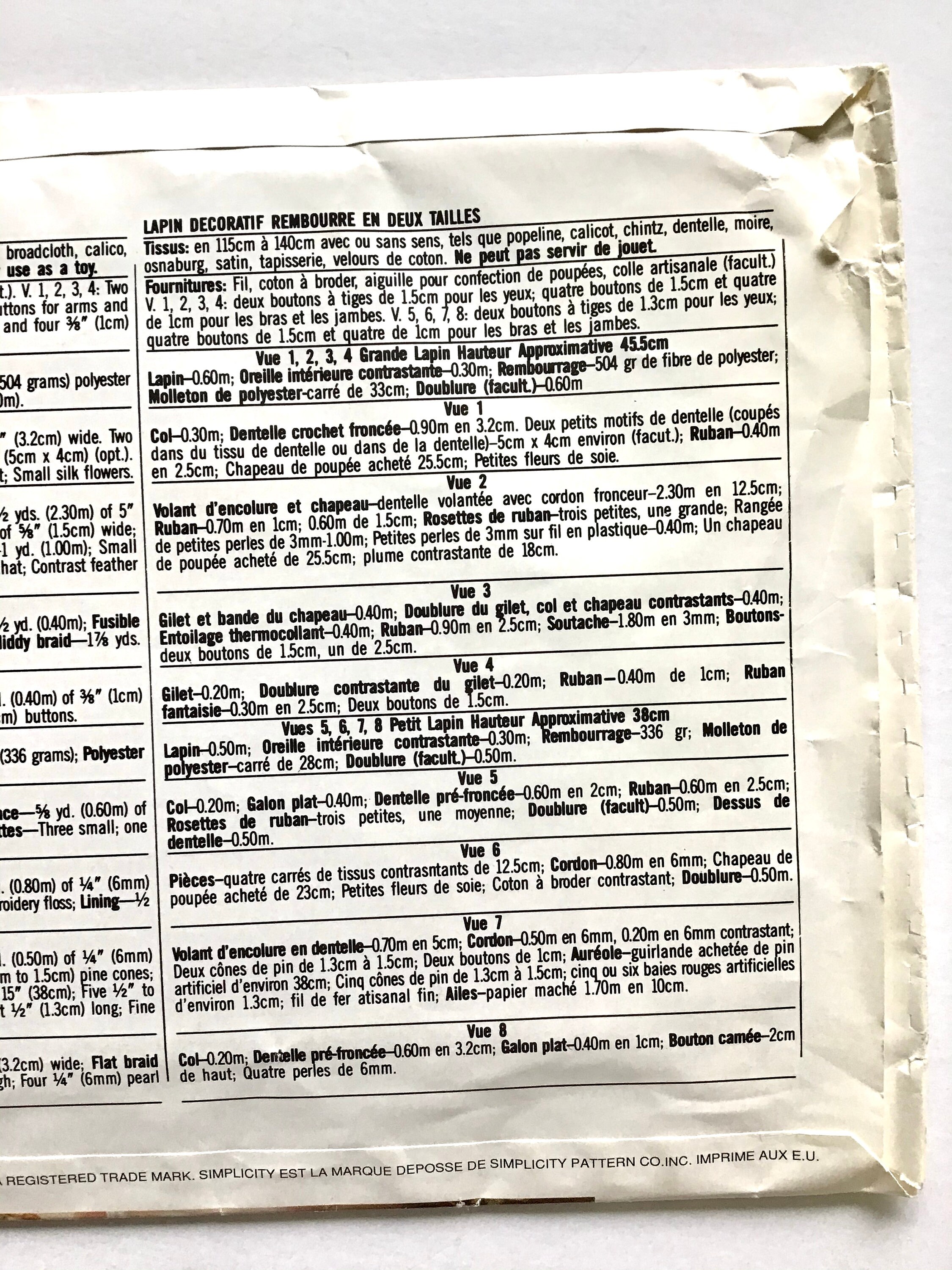 Simplicity 0655 / 8104 Bunny Pattern in 2 Sizes With Clothes, 18” and ...