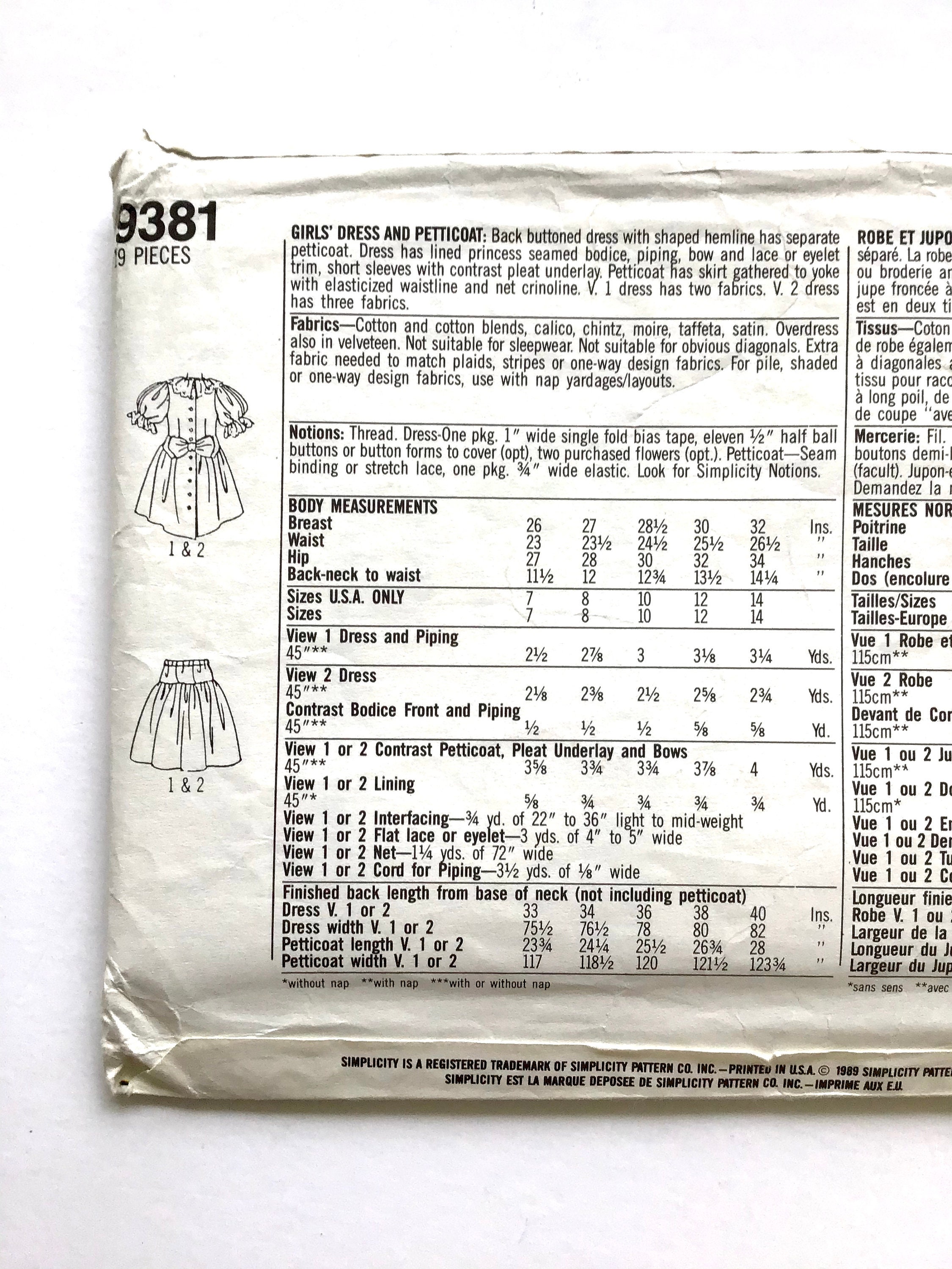 Simplicity 9381 Girl's Dress and Petticoat Pattern, Size 7, Vintage ...