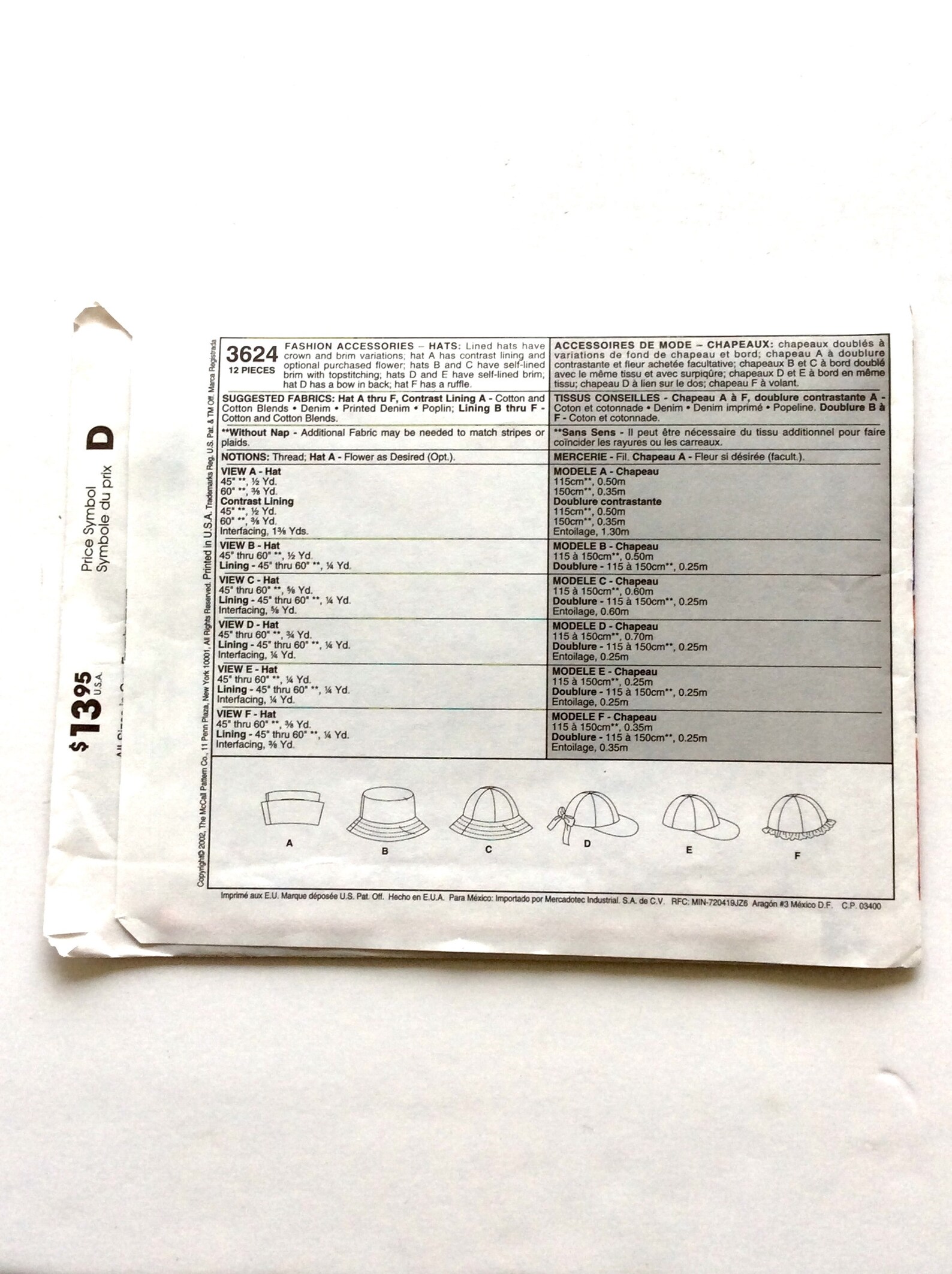 Mccalls 3624 Childs Hat Pattern, Girls', Boys, Toddlers, All Sizes ...