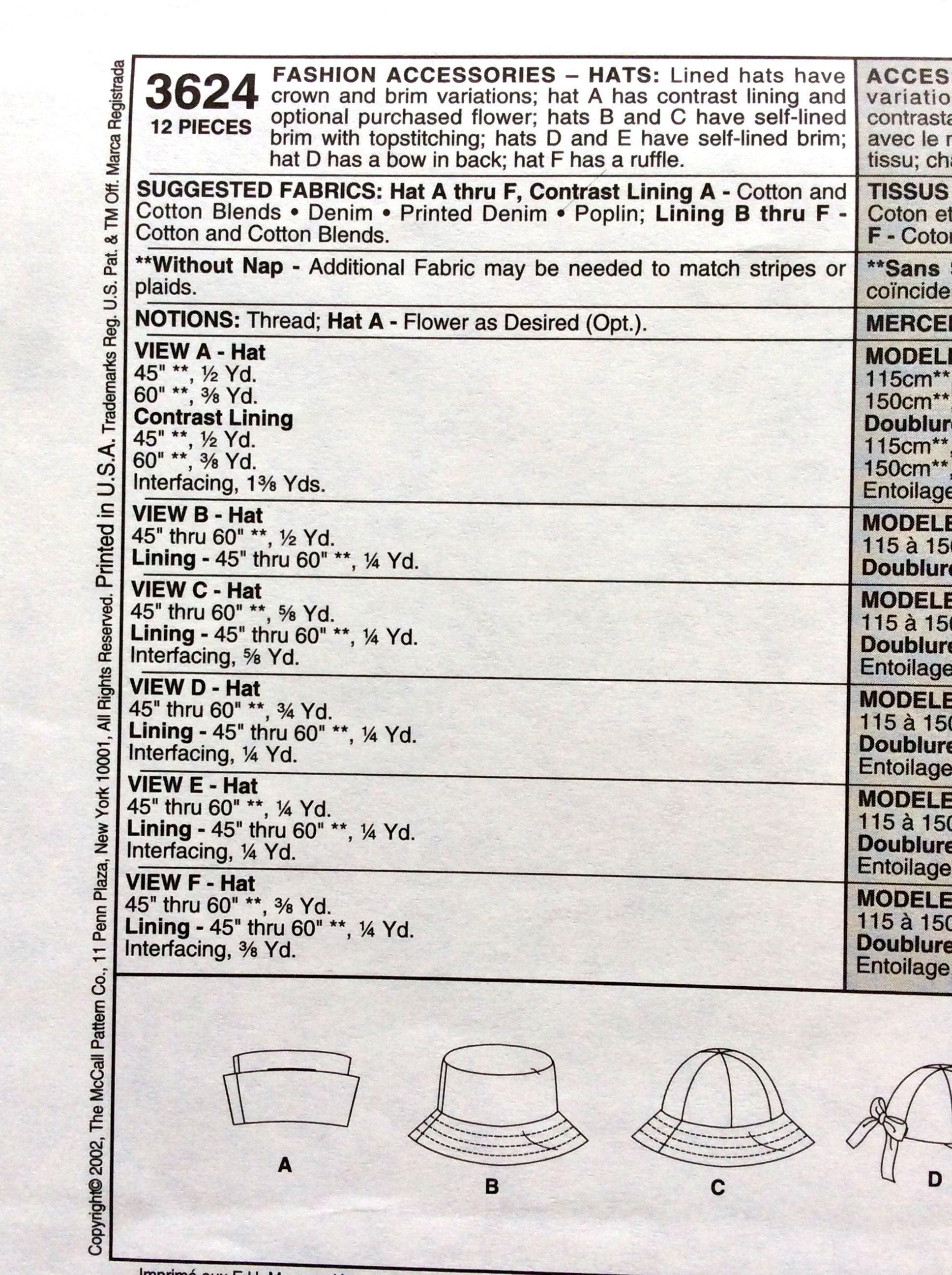 Mccalls 3624 Childs Hat Pattern, Girls', Boys, Toddlers, All Sizes ...