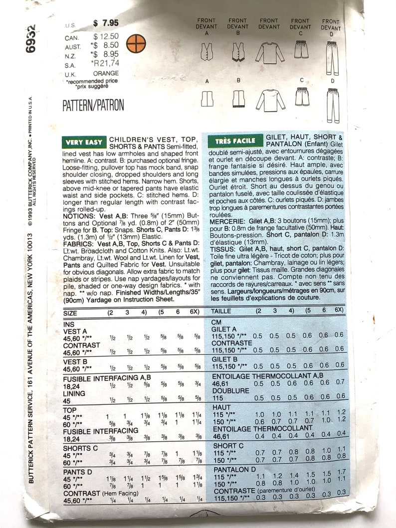 Butterick 6932 Boys and Girls' Vest, Top, Shorts, Pants Pattern, Fast ...