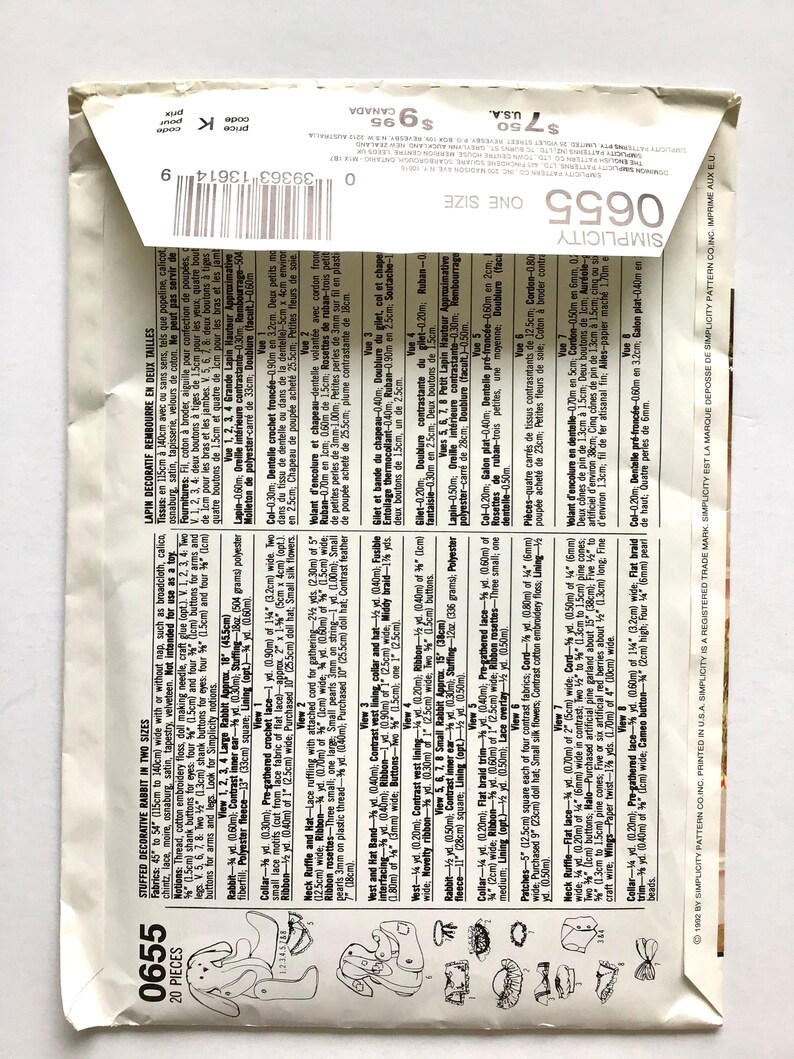 Simplicity 0655 / 8104 Bunny Pattern in 2 Sizes With Clothes, 18” and ...