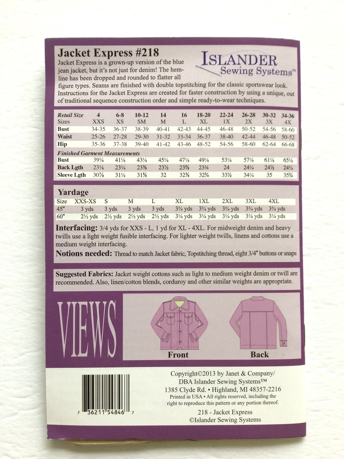 Islander Sewing Systems Jacket Express 218, Womens Jean Jacket Pattern ...