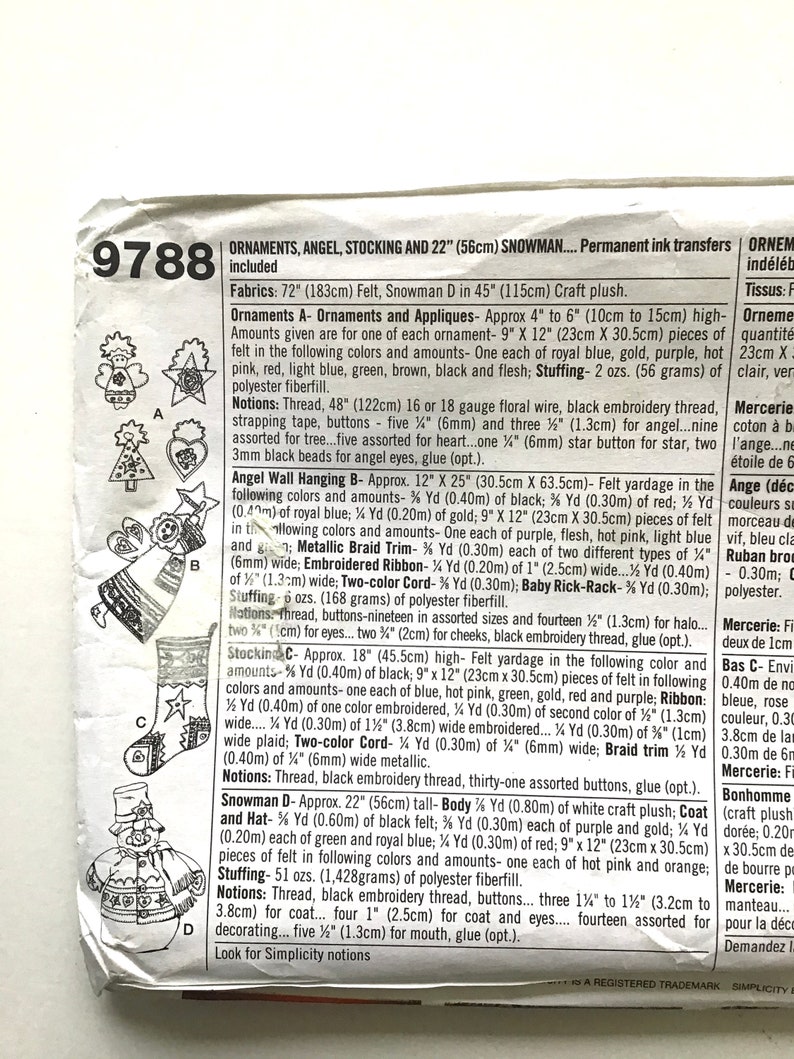 Simplicity 9788 Pattern for Christmas Ornaments, Angel, Stocking, 22 ...