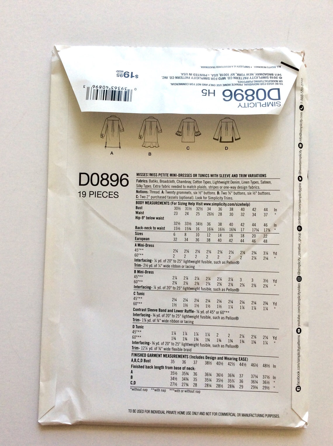 Simplicity D0896 / 8552 Women's Mini-dress or Tunic Pattern, Size 6-14 ...