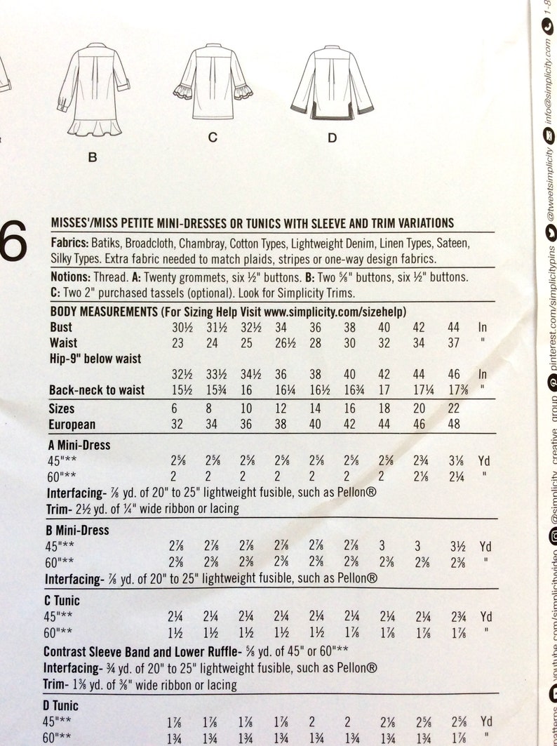 Simplicity D0896 / 8552 Women's Mini-dress or Tunic Pattern, Size 6-14 ...