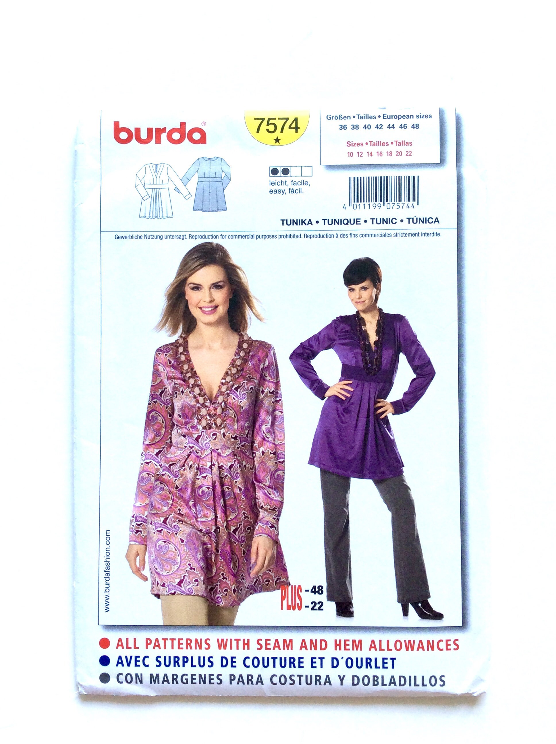 Burda 7574 Womens Tunic Pattern, Womens Top, Size 10-22, Uncut Pattern ...