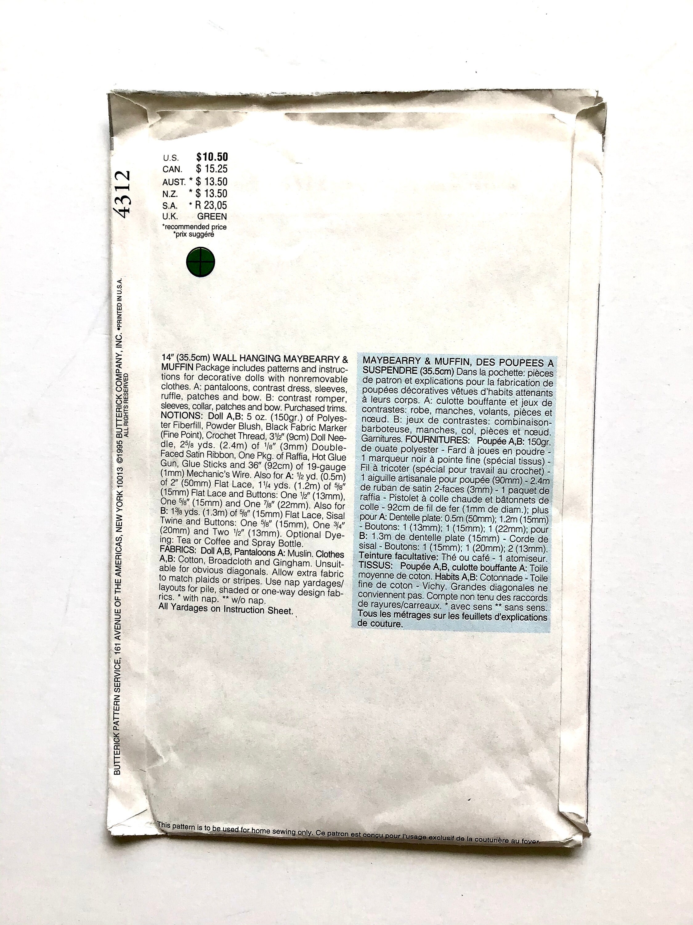 Butterick 4312 / 385 Wall Hanging Dolls Pattern, Mayberry and Muffin ...